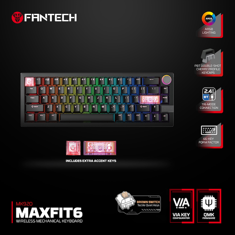 Tastatura Mehanicka Gaming Fantech MK920 RGB Maxfit 6 Wireless black (Brown switch)