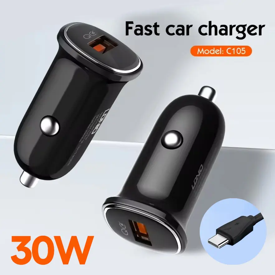 Auto punjač LDNIO C105, QC3.0, 30W USB Type C, Crni
