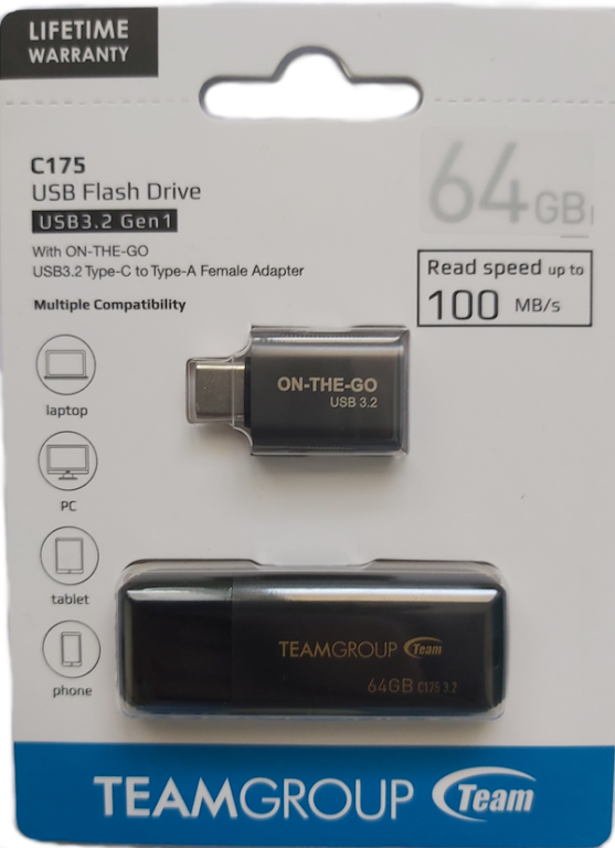 TeamGroup 64GB C175 USB 3.2 BLACK with Type C adapter TC175364GB26 FO