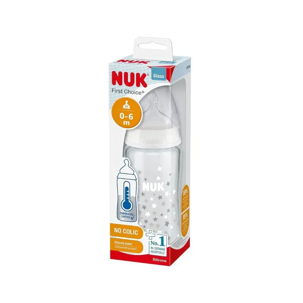 Nuk Flašica za bebe, Staklena, Sa indikatorom temperature, 0-6m, 240 ml, Bela