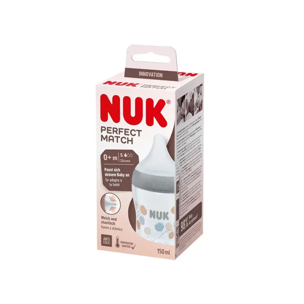 Nuk Flašica za bebe Perfect Match Twig S, Sa indikatorom temperature, 0m+, 150 ml, Siva