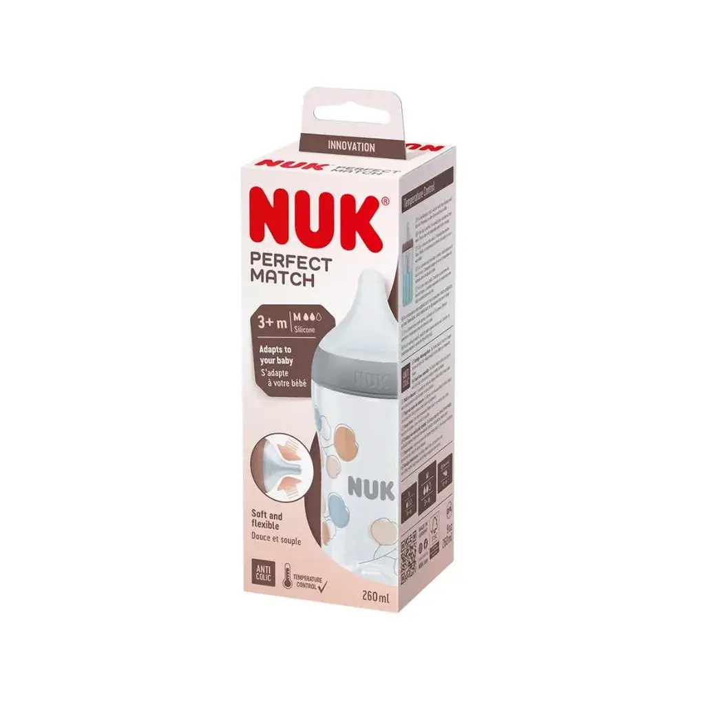 Nuk Flašica za bebe Perfect Match Twig, Sa indikatorom temperature, 3m+, 260 ml, Siva