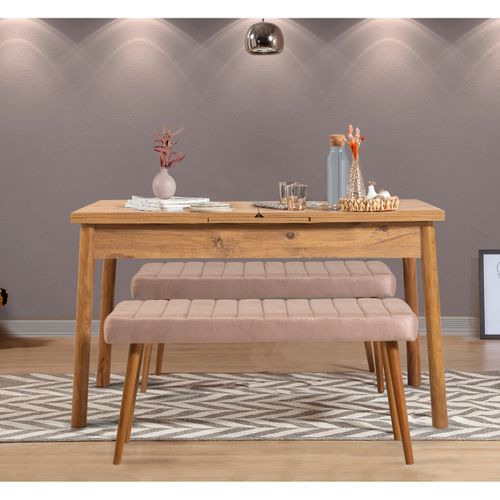 Santiago 0900 - Atlantic Pine, Stone Atlantic Pine Stone Extendable Dining Table & Bench Set (3 Pieces)