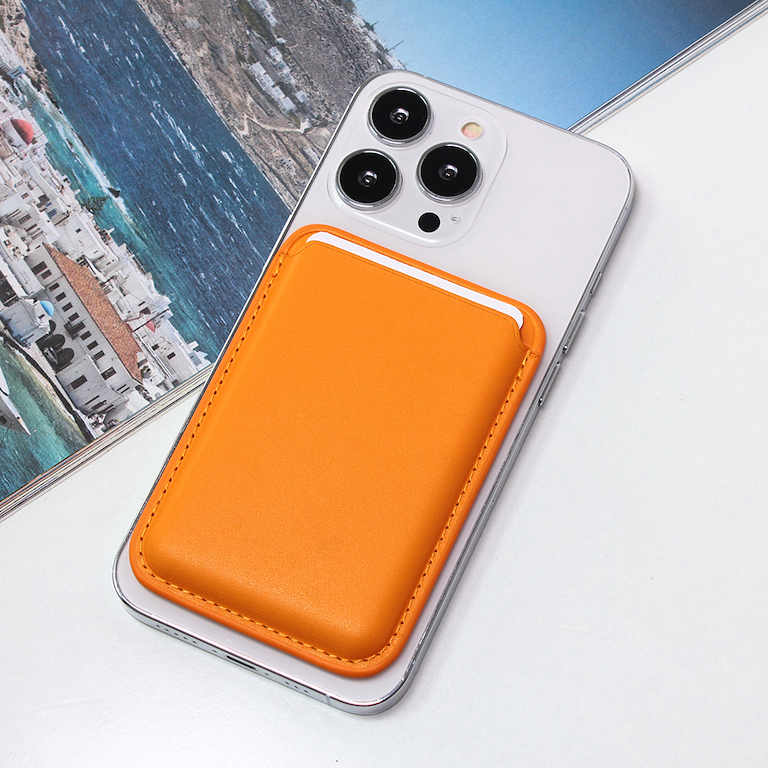 Zastitna maska (futrola) Leather Magsafe Pocket - iPhone 14 narandzasta