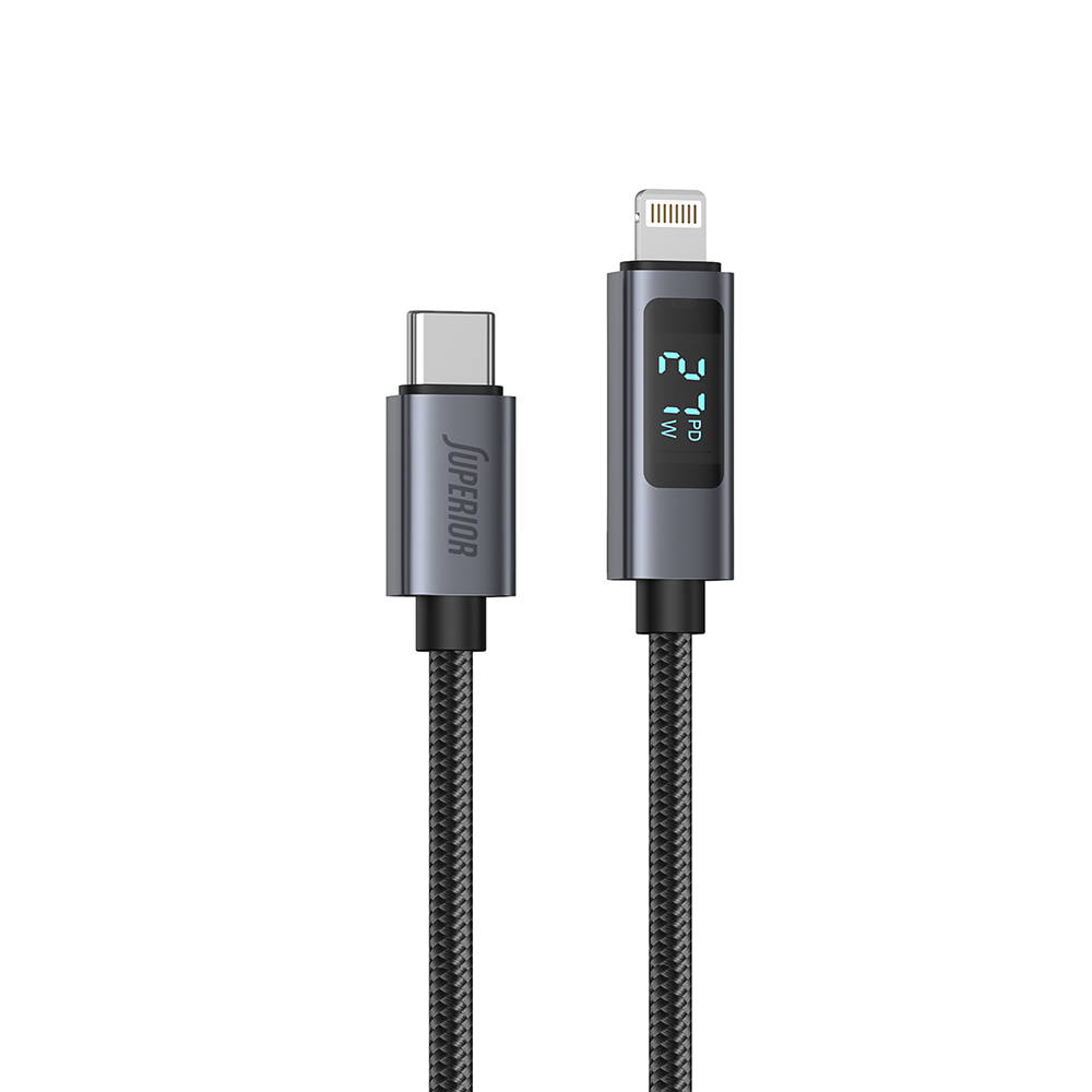USB data kabl Superior SU-K107 pleteni 27W 3A Type-C na Lightning sa LED ekranom 1m crni (MS)