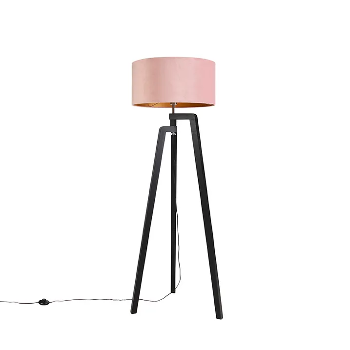 Podna lampa tronožac crna sa roze abažurom i zlatnom bojom 50 cm - Puros