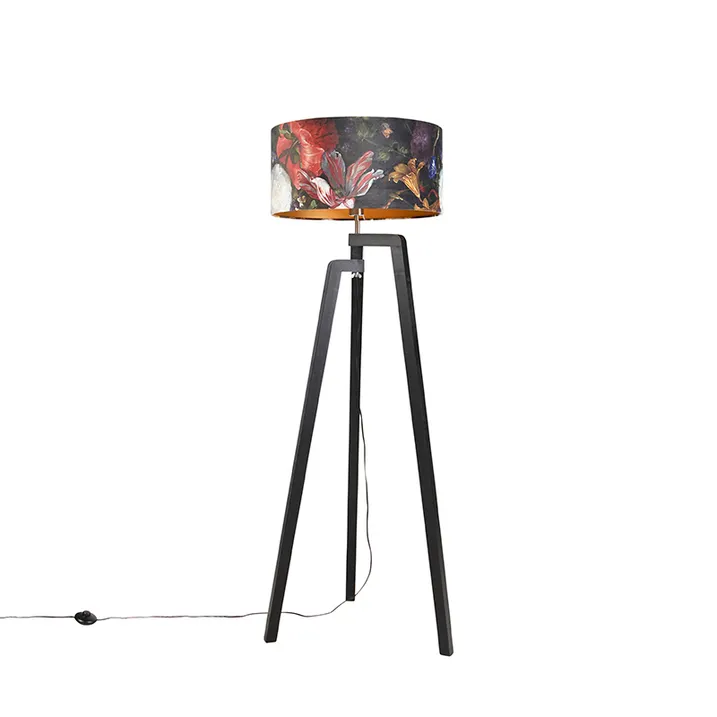 Podna lampa tronožac crna sa abažurom sa cvetnim dezenom 50 cm - Puros