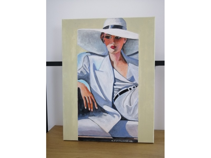 Art deco, Dama u belom, 30x40, akril na platnu
