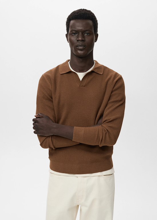 COTTON-BLEND RIBBED POLO SWEATER