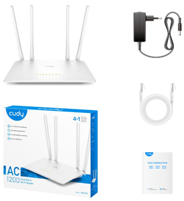 Cudy WR1200 AC1200 Dual Band 2.4+5Ghz Wi-Fi Ruter 1W/4LAN 10/100Mbps, 4x5dBi GUEST/WPS/DDNS