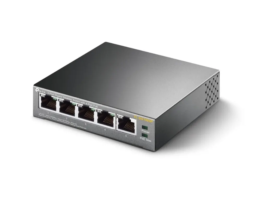 TP-Link Switch TL-SG1005P Gigabit, 5x RJ45, 10, 100, 1000Mbps, 4x PoE+, 56W PoE, Metalno kućište, Sivi