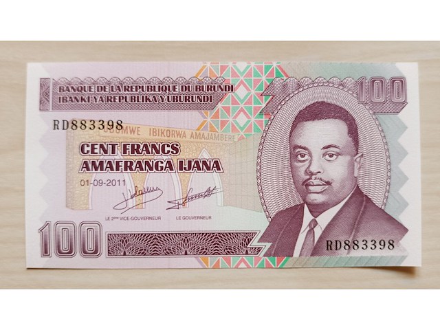 Burundi 100 francs. Unc, 2011 godina