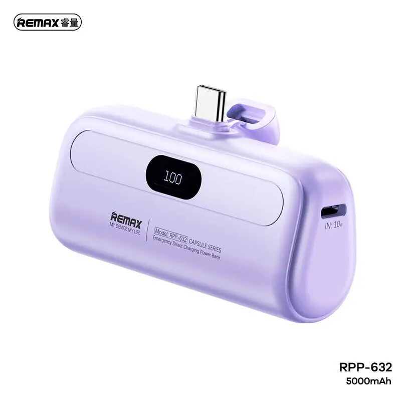 Remax Prenosiva baterija Capsule series RPP-632, 2A, Type C, 5000mAh, Ljubičasta