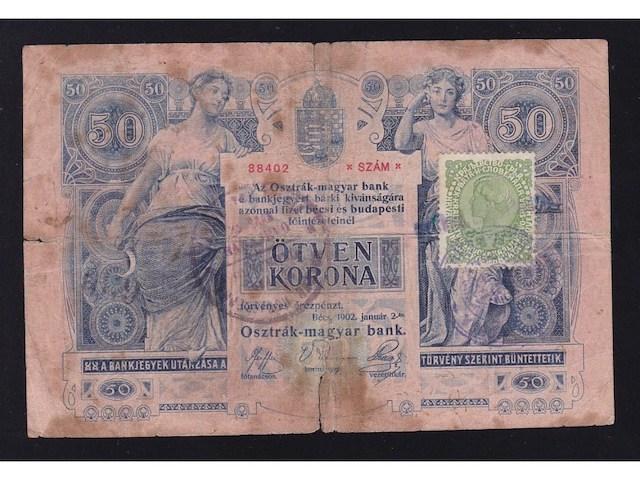 JUGOSLAVIJA - SHS - 50 KRONEN 1902 - OVERENA + MARKICA