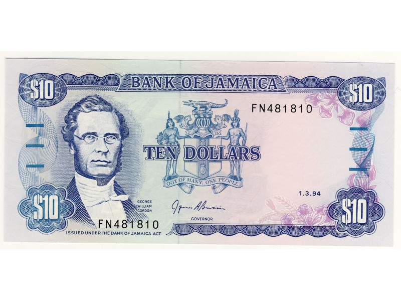Jamaica. 10 dollars (1994). #P71. UNC. PRESS