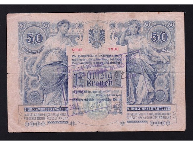 JUGOSLAVIJA - SHS - 50 KRONEN 1902 - PEČAT - SUBOTICA -