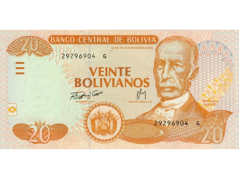 Bolivia. 20 bolivianos (1986 [2005]). P#229. UNC PRESS