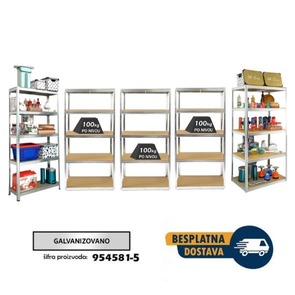 Komplet od 5 polica metal-medijapan 180x100x60cm 5x100kg – Dimenzije kompleta 180x500x60cm