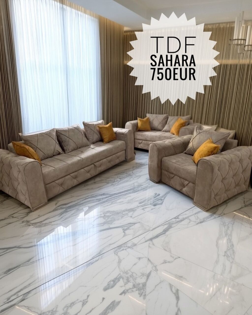 Elegantna sofa i fotelje bež boje, model Sahara, predstavljaju idealan