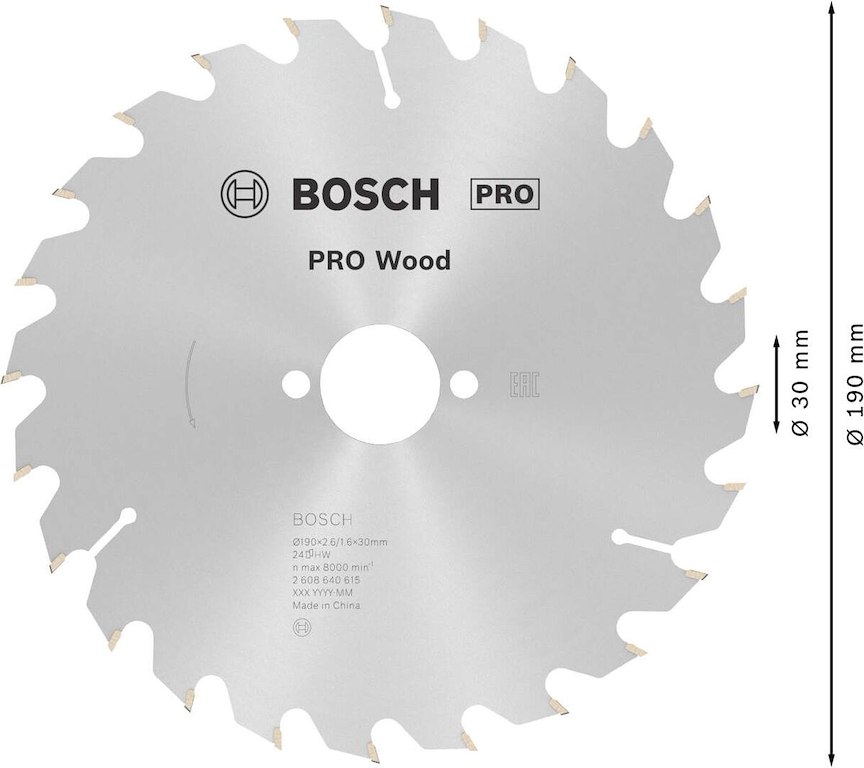 Bosch PRO Wood list kružne testere 190x2.6x30 mm 24z ATB max 8.000 o/min 2608640615ID: EK000724356