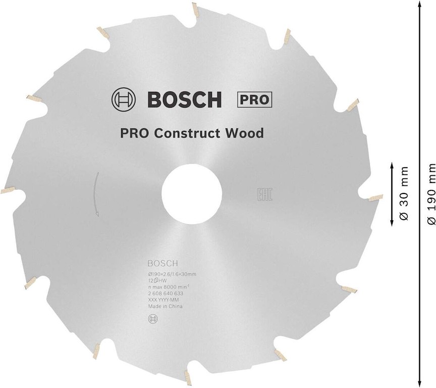 Bosch PRO Construct Wood list kružne testere 190x2.6x30 mm 12z HB max 8.000 o/min 2608640633ID: EK000724368