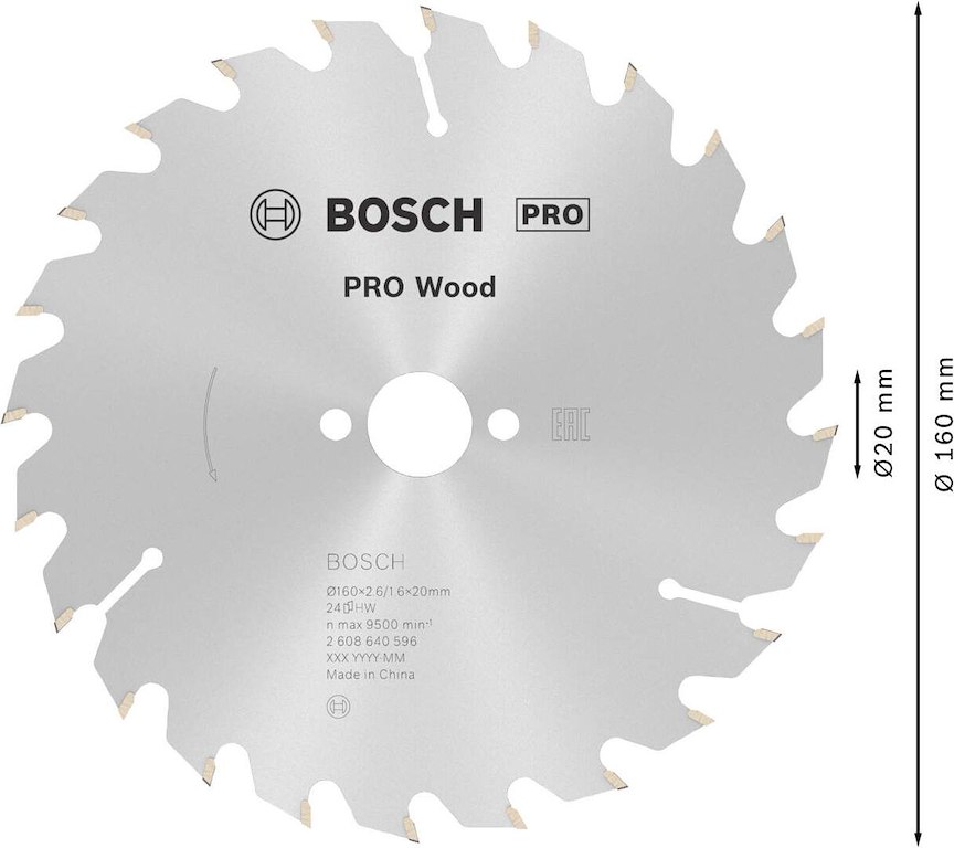 Bosch PRO Wood list kružne testere 160x2.6x20 mm 24z ATB max 9.500 o/min 2608640596ID: EK000724387