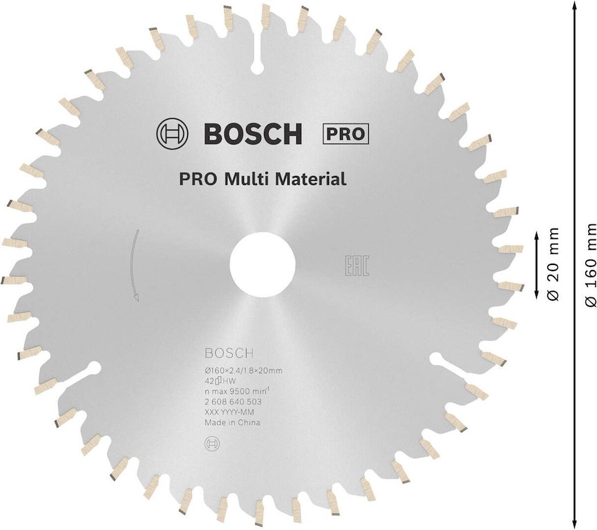 Bosch PRO Multi Material list kružne testere 160x2.4x20 mm 42z HLTCG max 9.500 o/min 2608640503ID: EK000724418