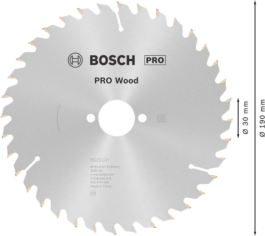 Bosch PRO Wood list kružne testere 190x2.6x30 mm 36z ATB max 8.000 o/min 2608640616ID: EK000724424