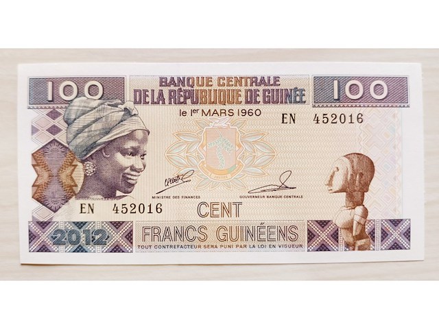 Guinea 100 francs. Unc, 2012 godina