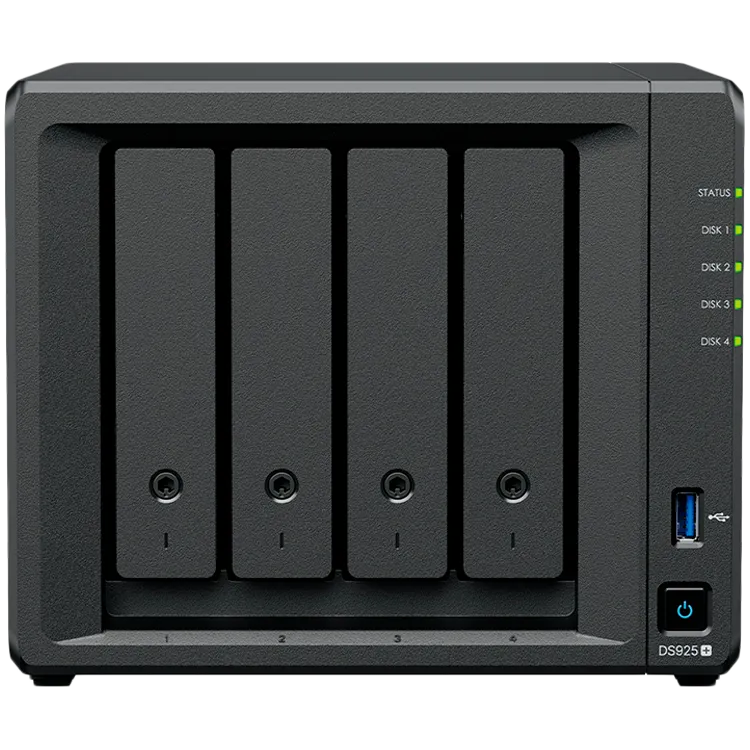 Synology DiskStation DS925+ Tower, 4-Bays 3.5'' SATA HDD/SSD, 2 x M.2 2280 NVMe SSD slot, CPU AMD Ryzen V1500B 4-core 2.2 GHz, 4 GB DDR4 ECC SODIMM, 2x RJ-45 2.5 GbE LAN Port; 2x USB 3.2; 1 xUSB T...