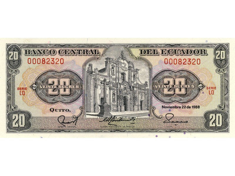 Ecuador. 20 sucres (1988). P#121A. aUNC-UNC PRESS