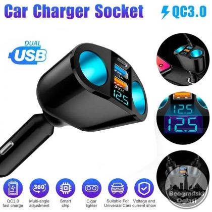 Dvodelni Razdelnik Auto upaljac 12V-24V, PD QC3.0, 2 USB