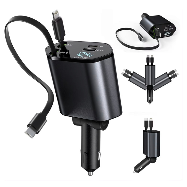 Auto punjač C1 4u1 PD 3A, USB 2.4A 120W (total) sa Type C/lightning kablom tamno sivi
