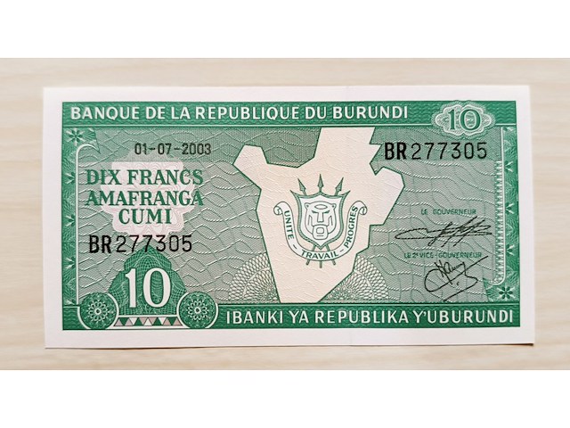 Burundi 10 francs. Unc, 2003 godina