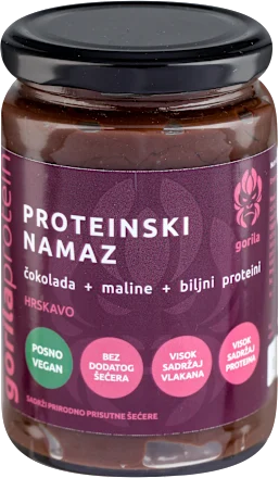gorilaprotein
PROTEINSKI NAMAZ - čokolada+malina+biljni proteini, 375 g