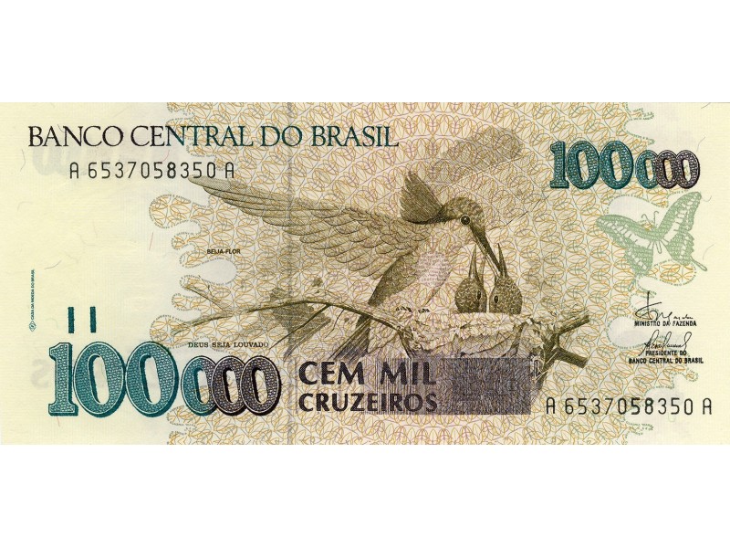 Brazil. 100000 Cruzeiros (1992). P#235. UNC PRESS