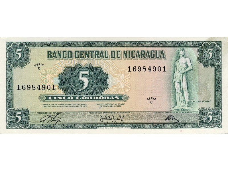 Nicaragua. 5 Cordobas (1972). P#122. UNC PRESS