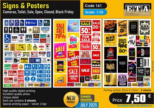 ETA DIORAMA ACCESSORIES 161 Signs & Posters - Toilet, Sale, Open, Closed and Black Friday