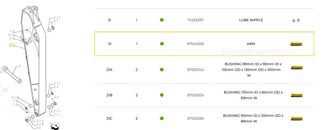 New Holland 87540358 vratilo za New Holland E215B E245B bagera