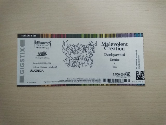 Ulaznica MALEVOLENT CREATION 08.08.2025.