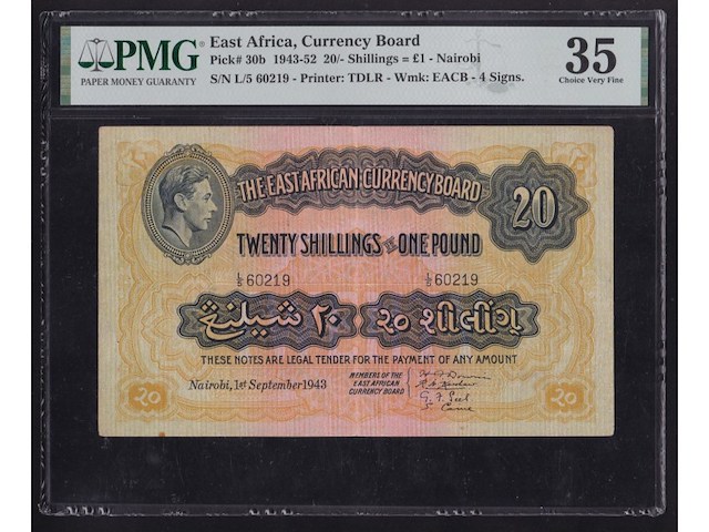 EAST AFRICA --- 20 SHILLINGS 1943 --- VF -- PMG 35 --