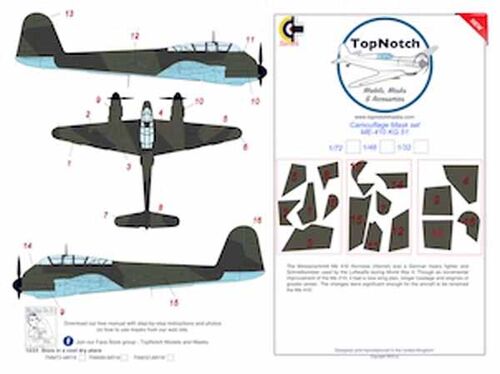 TopNotch 72-M018 Messerschmitt Me-410 A-1/U-2 - Hornisse Pat B KG 51 Camouflage Pattern Paint Mask (designed to be used with Airfix kits)