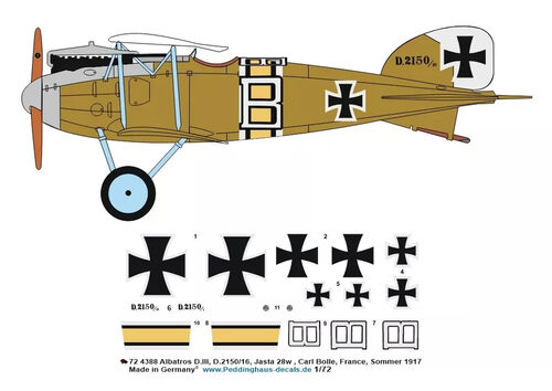 Peddinghaus-Decals 4388 Albatros D.III, D.2150/16, Jasta 28w, Carl Bolle, France, Summer 1917