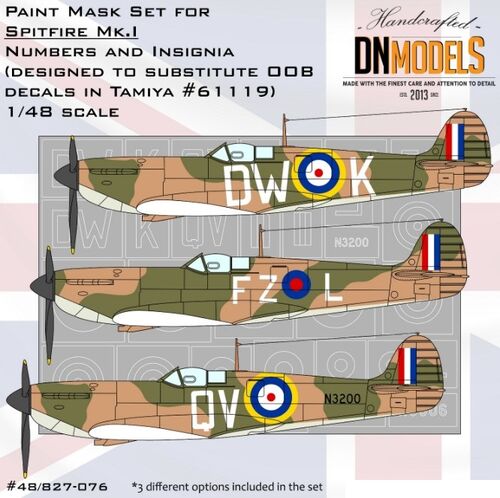 DN Models 48-827-076 Spitfire Mk.I Numbers And Insignia Paint Mask Set For Tamiya 61119