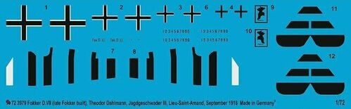 Peddinghaus-Decals 3979 Fokker D.VII (Late Fokker Build), Theodor Dahlmann, Jagdgeschwader III, Lieu-Saint-Amand, September 1918