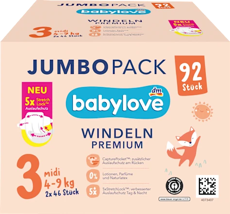 babylove
JUMBOPACK Premium pelene veličina 3 midi (4-9 kg), 2x46kom, 92 kom