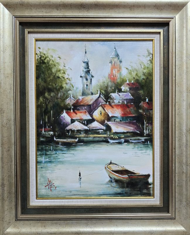 Zemun na reci, Nenad Vojnović, ulje na platnu, sa 57×47 cm, bez 40×30 cm, sertifikat, 21240 dinara