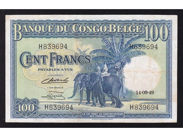 BELGIAN CONGO --- 100 FRANCS 1949 -- VF+ ---