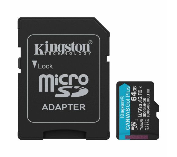 Kingston - MicroSD 64GB, Canvas Go! Plus, Class10 UHS-I U3 V30 A2, Read up to 200MB/s, for 4K and FullHD video recording, w/SD adapter