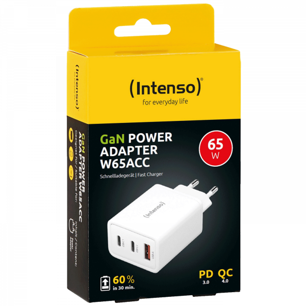(Intenso) Punjač kućni, brzi, 1 x USB-A, 2 x UCB-C, 3A, 65W - Power Adapter W65ACC GaN